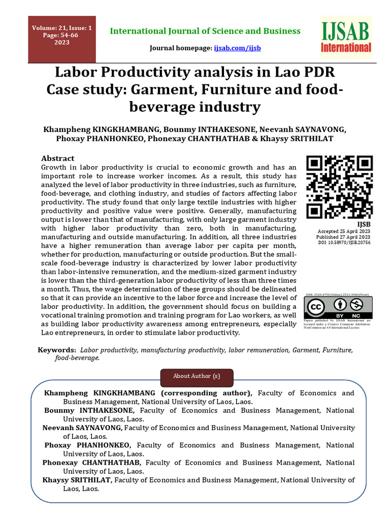 Labor Productivity Analysis in Lao PDR Case Study: Garment, Furniture ...