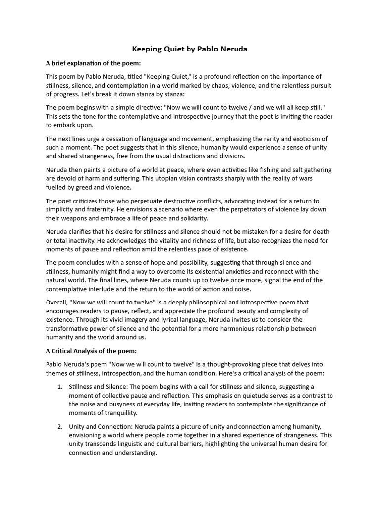 Keeping Quiet by Pablo Neruda | PDF | Poetry | Silence