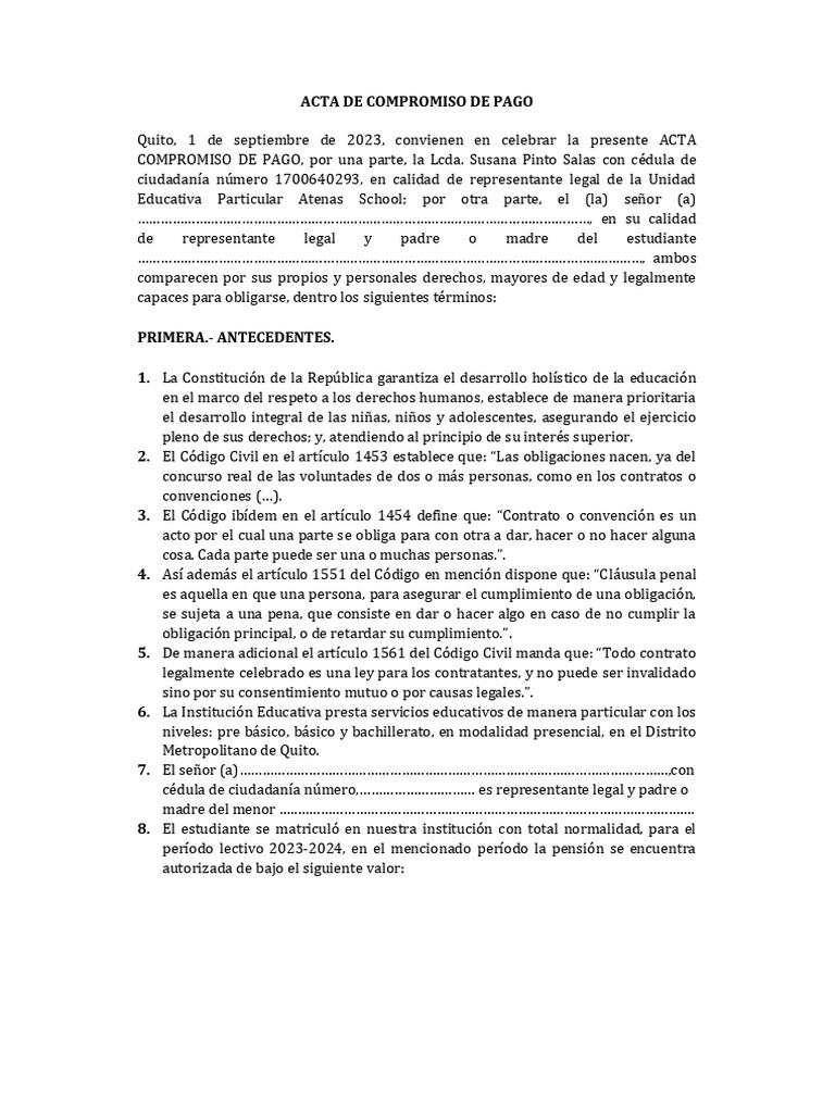 Acta Compromiso de Pago Bachillerato | PDF