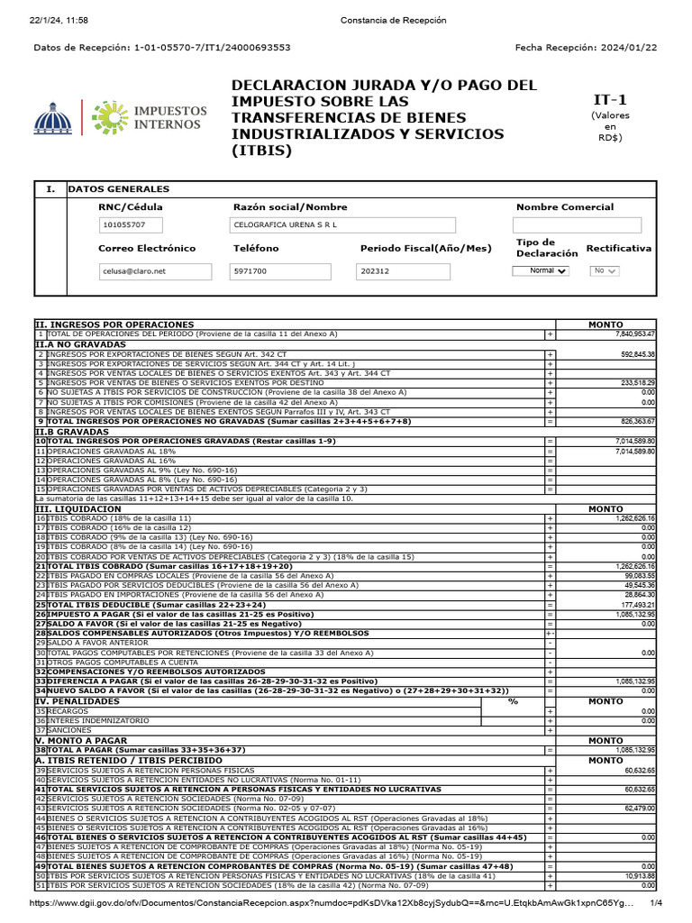 Declaración ITBIS Celográfica Ureña | PDF
