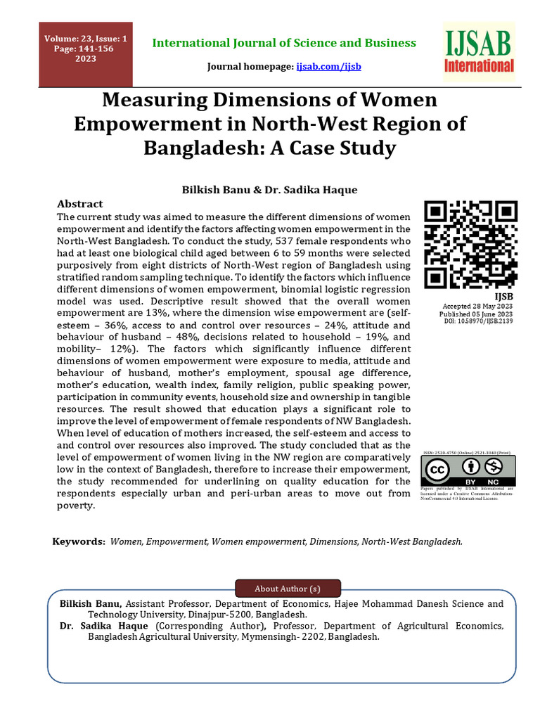 Measuring Dimensions of Women Empowerment in North-West Region of Bangladesh: A Case Study ...