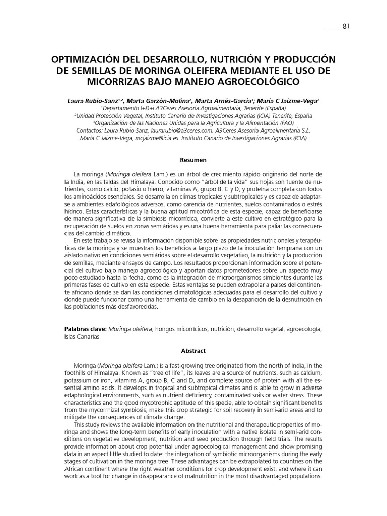 Optimización Del Desarrollo, Nutrición y Producción de Semillas de Moringa Oleifera Mediante El ...