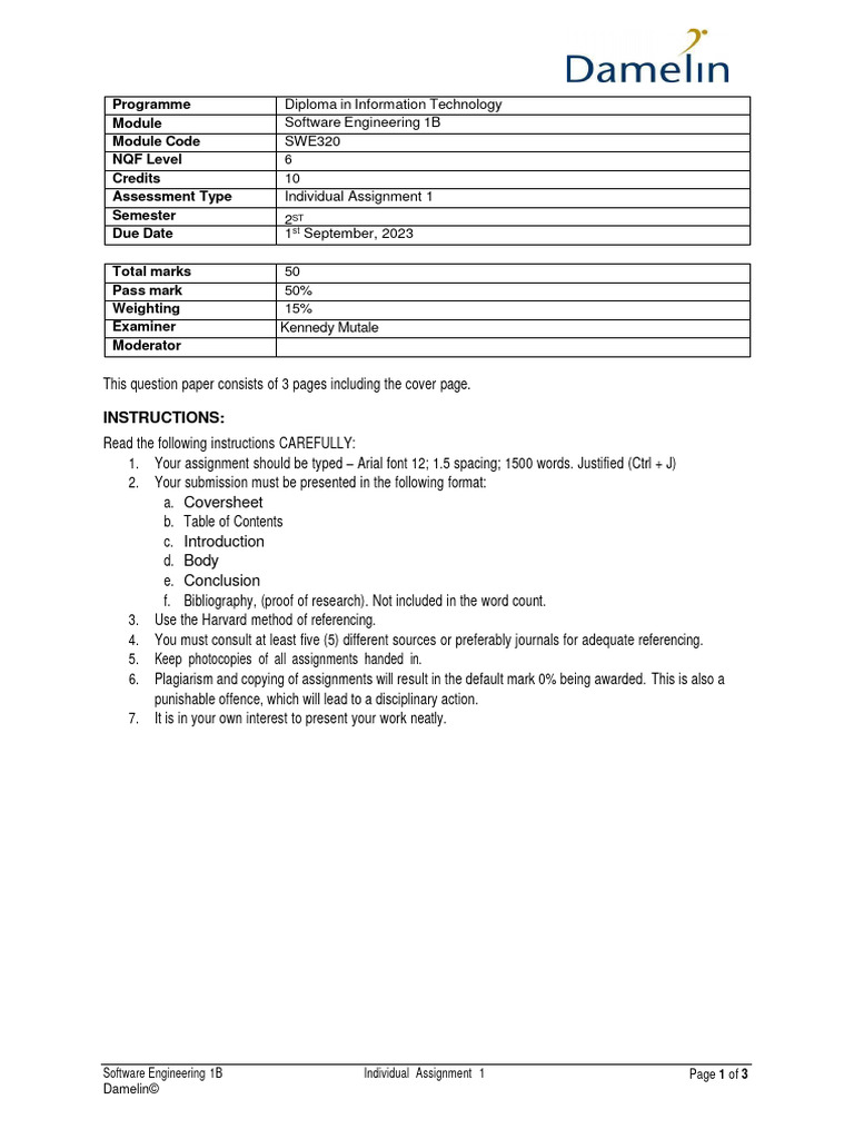 Software Engineering 1B Individual Assignment 1 - Due Date 1 ST September 2023 | PDF | Computing