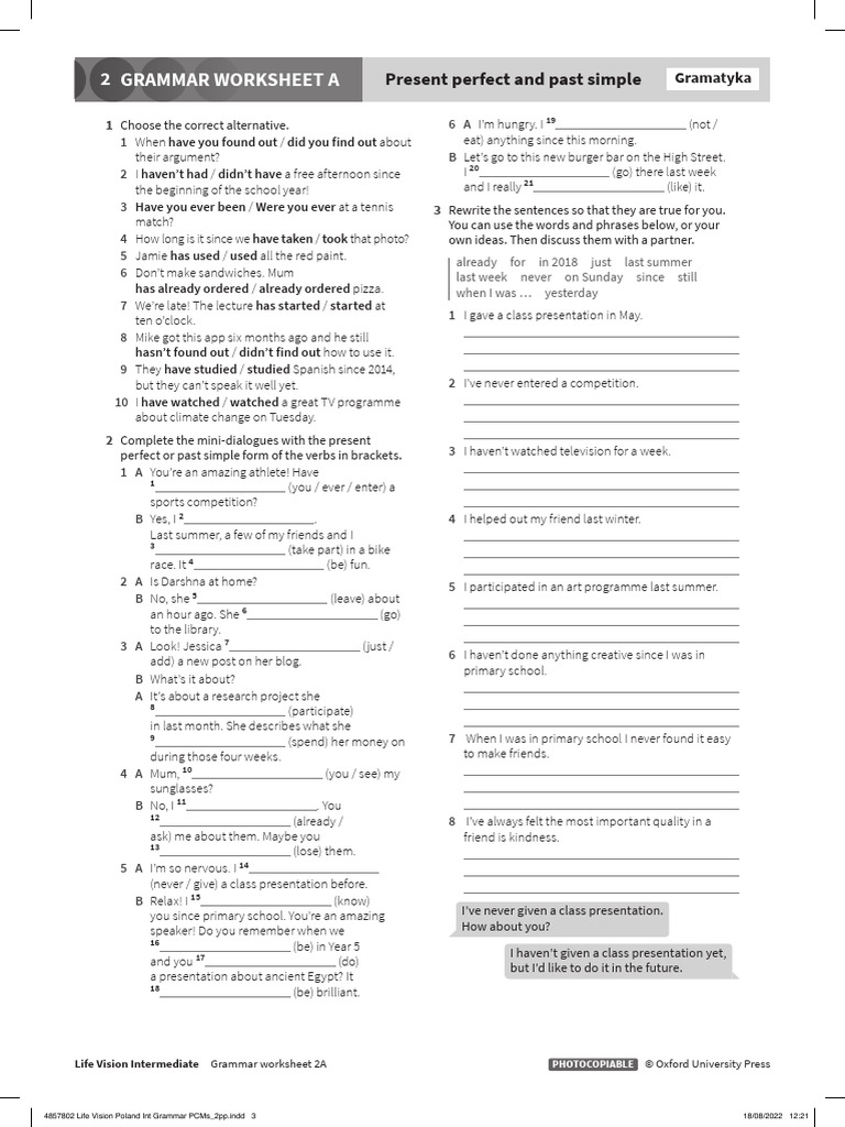 Life Vision Int Gram Worksheet A U2 | PDF | Linguistic Typology | Languages