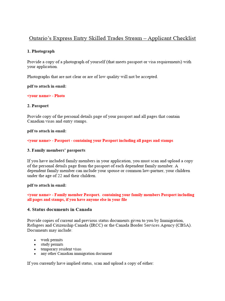 OINP CHECKLIST Skilled Trade | PDF | Passport | Paycheck