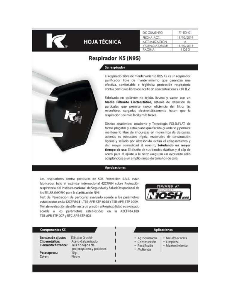 Ficha Tecnica Respirador Kos N95 Negro | PDF