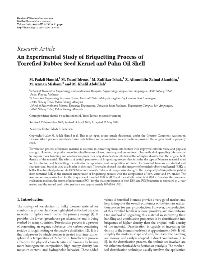 An Experimental Study of Briquetting Process of Torrefied Rubber Seed Kernel and Palm Oil Shell ...