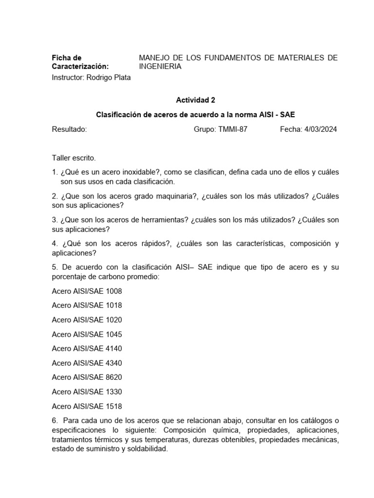 Actividad 2 Clasificacion de Aceros de Acuerdo A La Norma AISI SAE Instructor | PDF