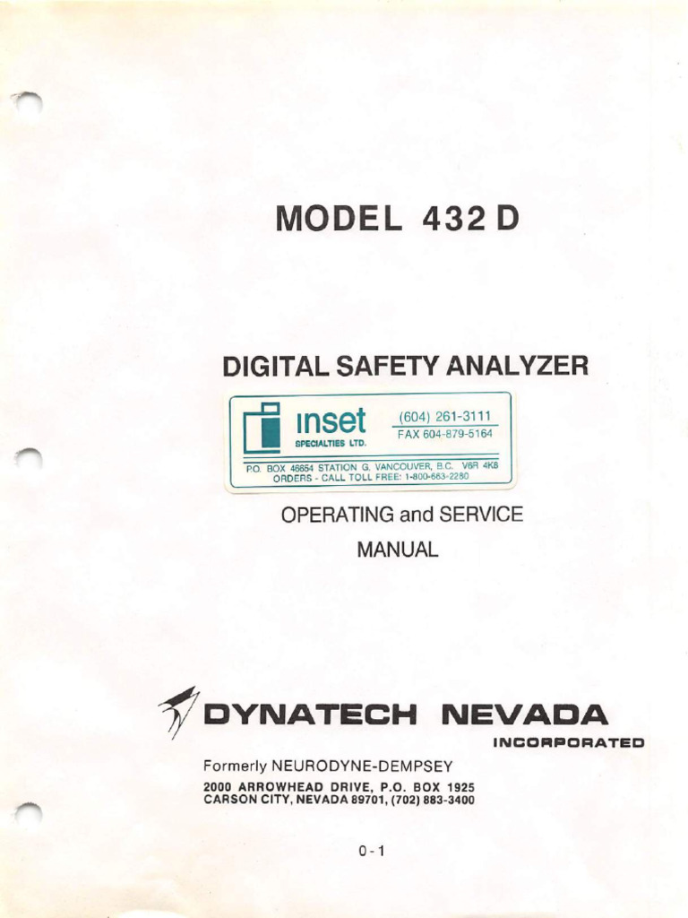 Dynatech Nevada 432D Safety Analyser - Service and User Manual | PDF