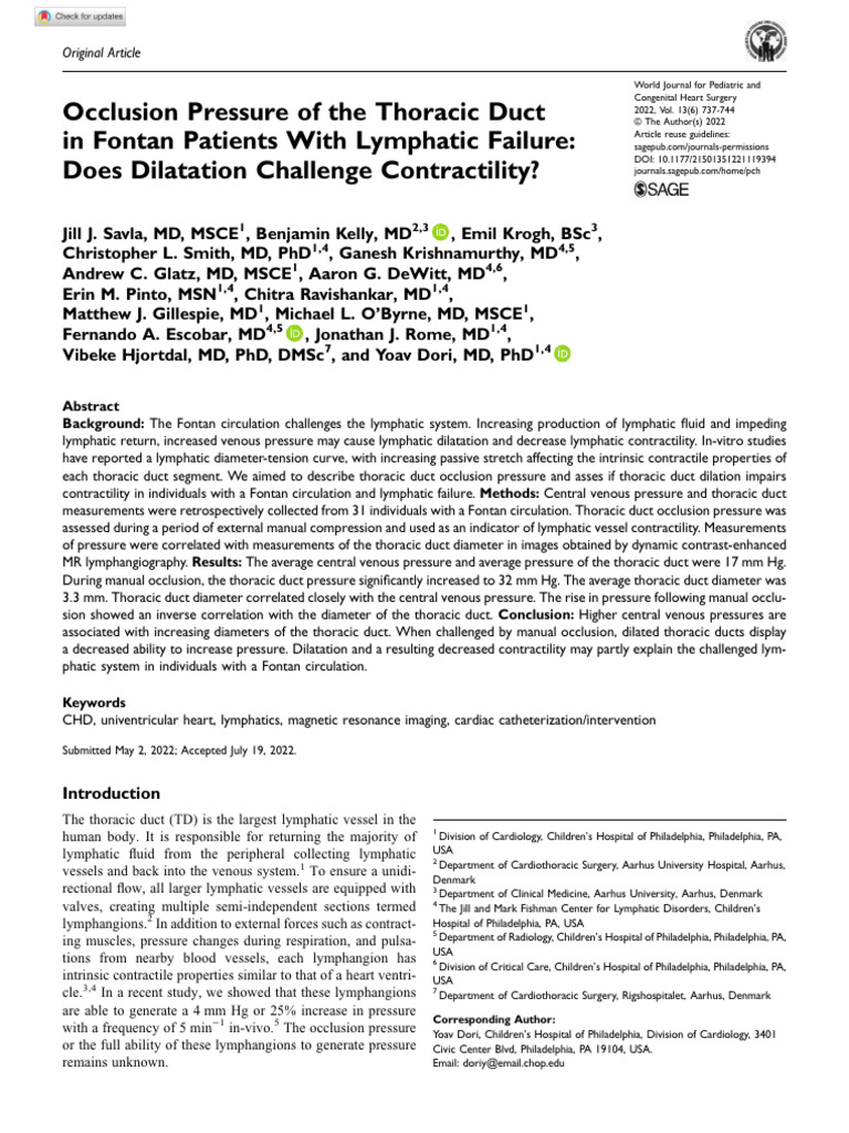 Occlusion Pressure of The Thoracic Duct | PDF | Cardiothoracic Surgery ...