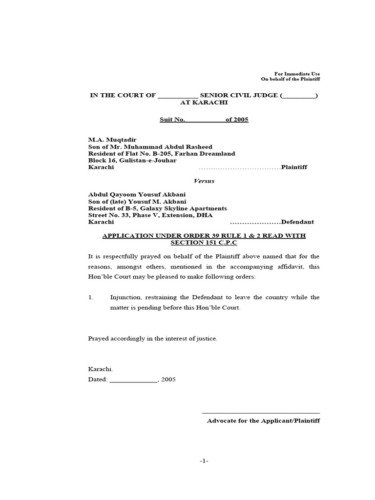 Karachi Civil Suit Application for Injunction | PDF | Affidavit | Justice