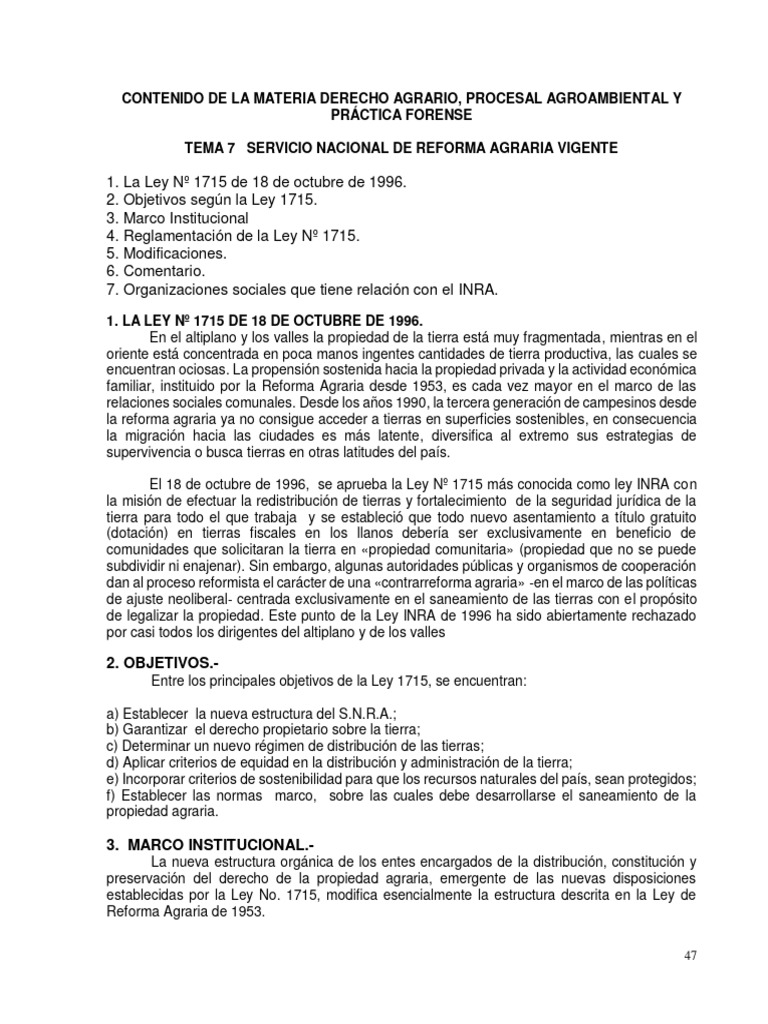 Ley INRA: Reforma Agraria en Bolivia | PDF | Reforma agraria | Bolivia