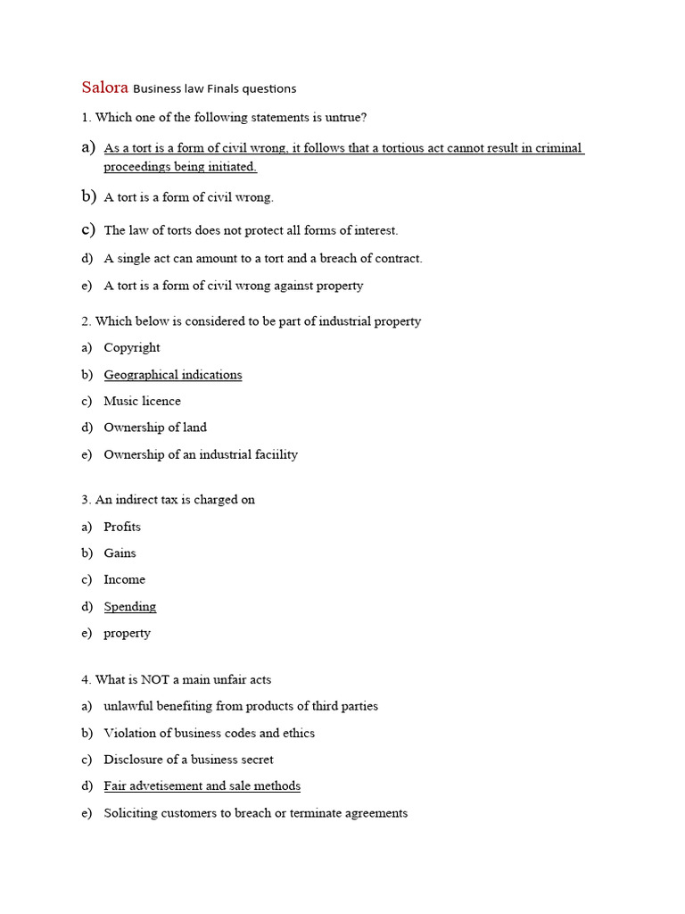 Business Law Finals Questions Overview | PDF | Tort | Taxes