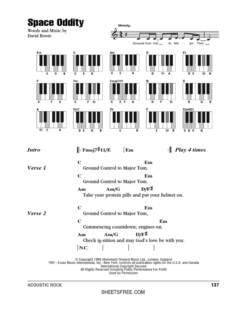 David Bowie - Space Oddity (Piano Chords & Lyrics) | PDF