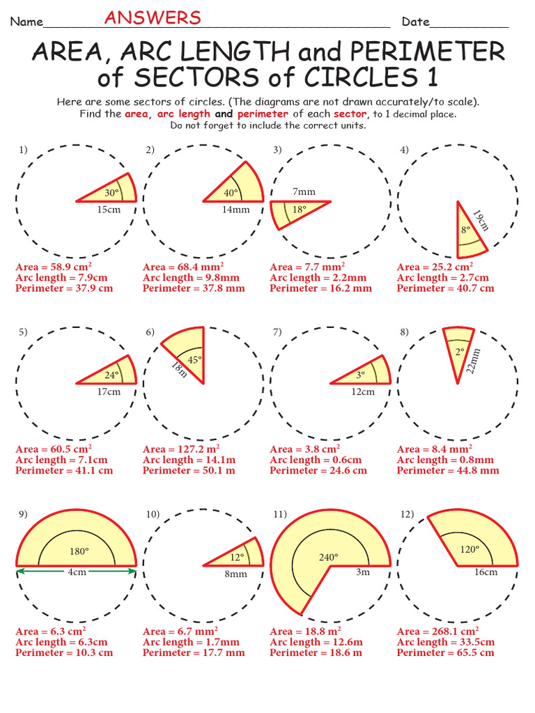 Area and Perimeter of Sectors ANSWERS | Download Free PDF | Area ...