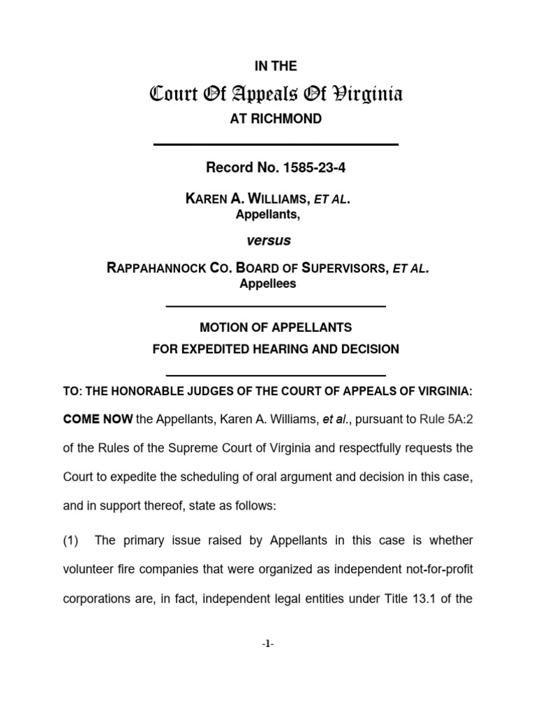 Virginia Court of Appeals - Motion For Expedited Hearing and Decision ...