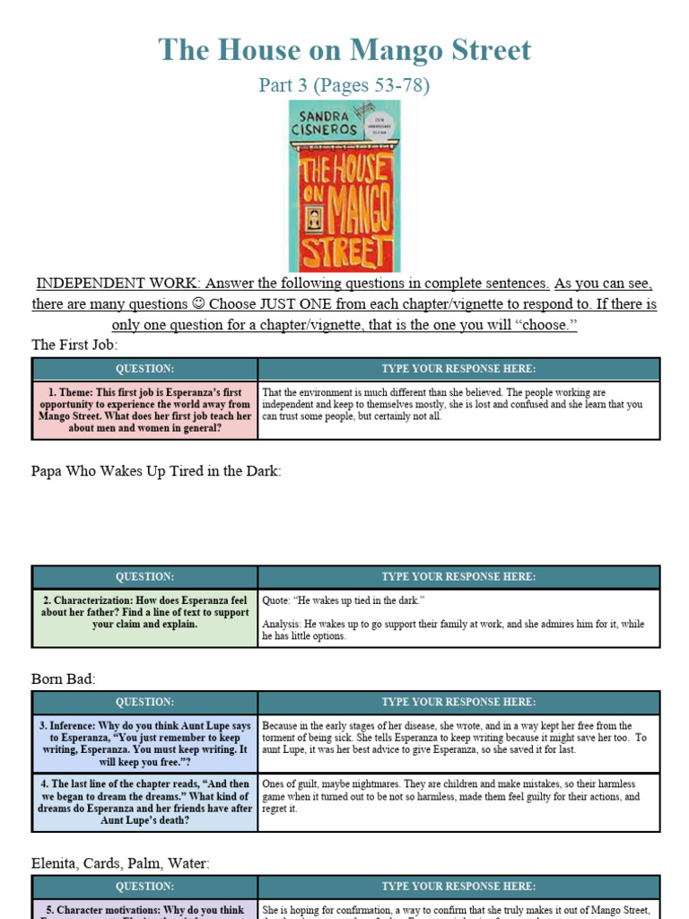 Mango Street Section Three Activity | PDF | Laughter