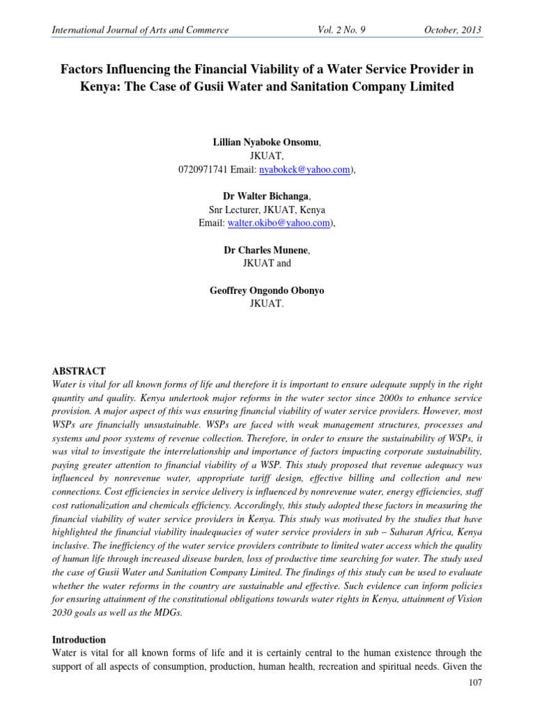 Factors Influencing The Financial Viability of A Water Service Provider ...