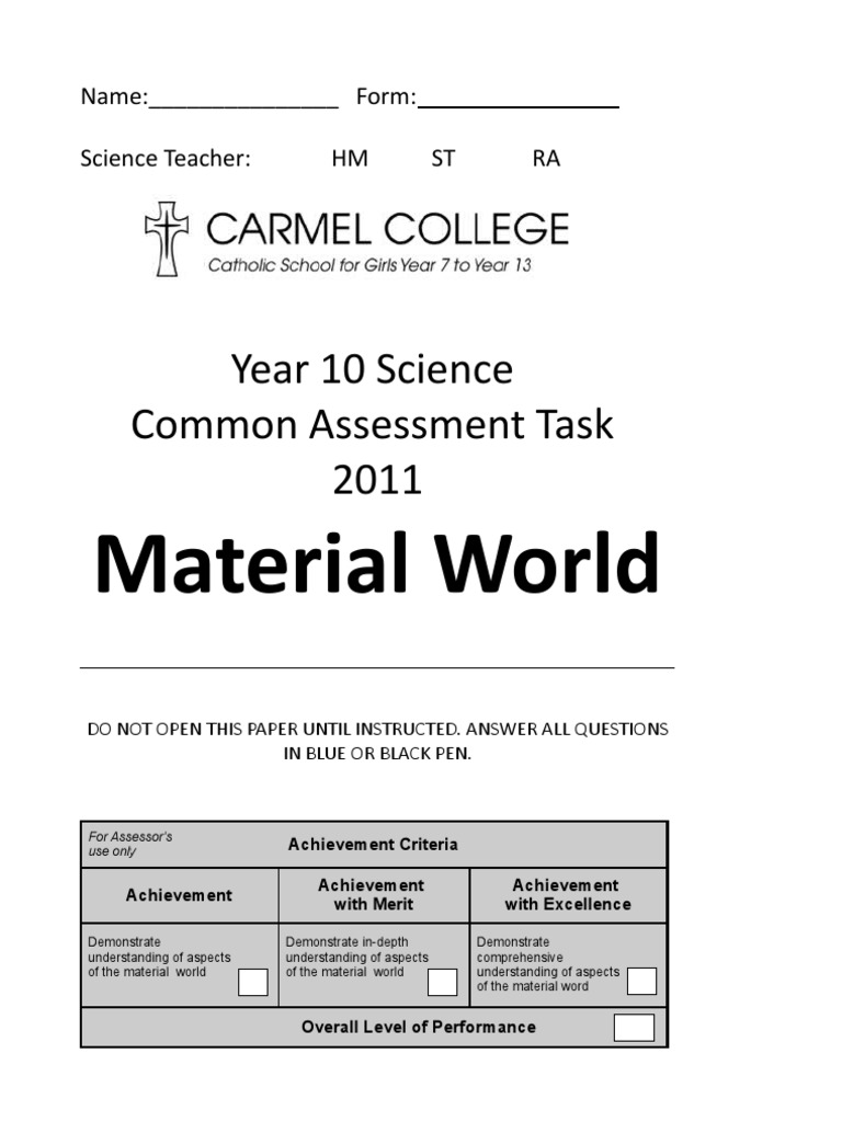Year 10 Science Assessment: Material World | PDF