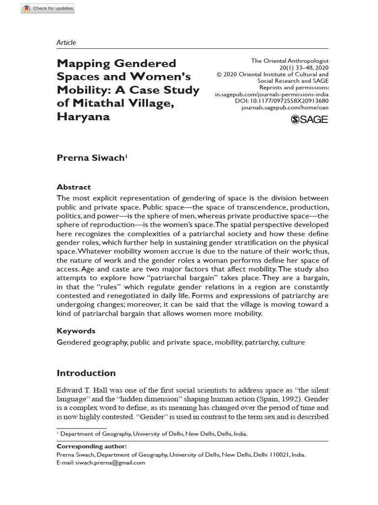 Mapping Gendered Spaces and Women's Mobility - A Case Study of Mitathal ...