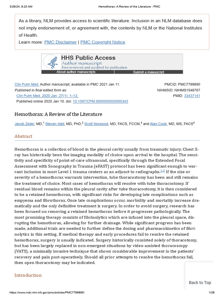 Hemothorax - A Review of The Literature - PMC | PDF | Medical ...