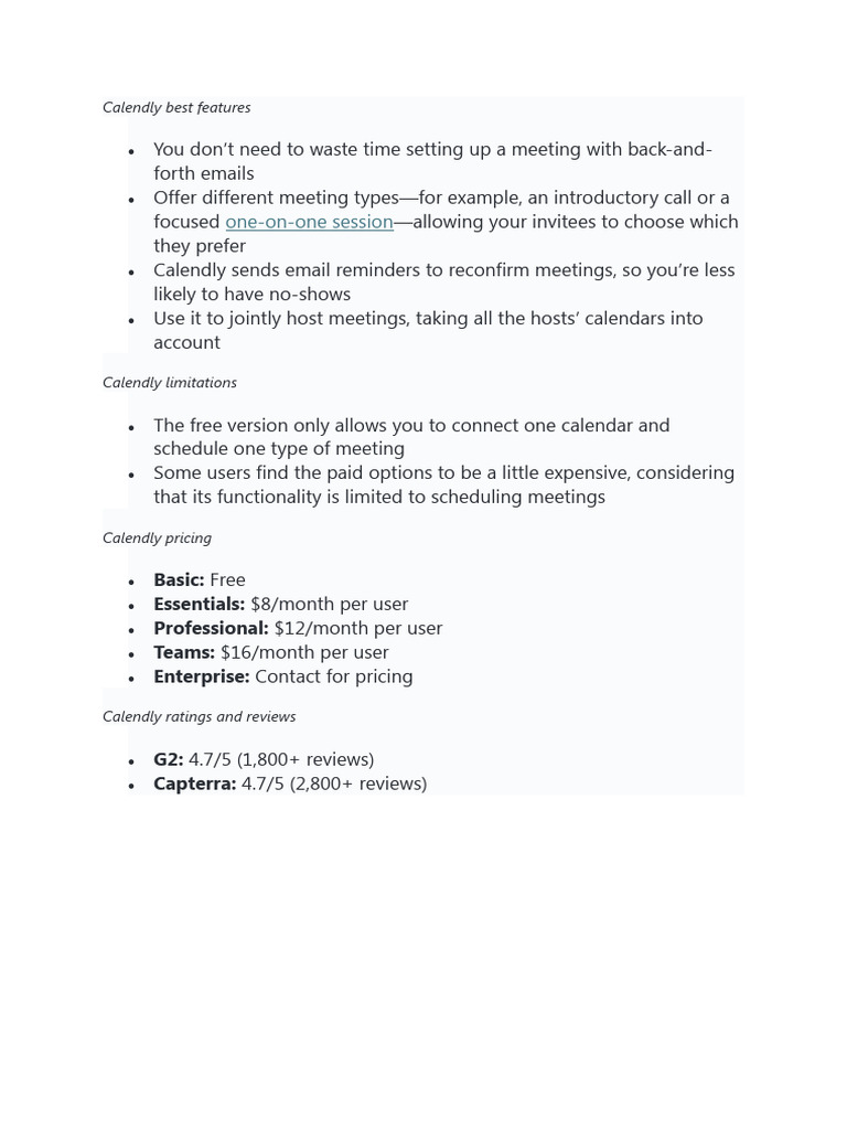 Calendly Features, Pricing & Reviews | PDF | Career & Growth | Business