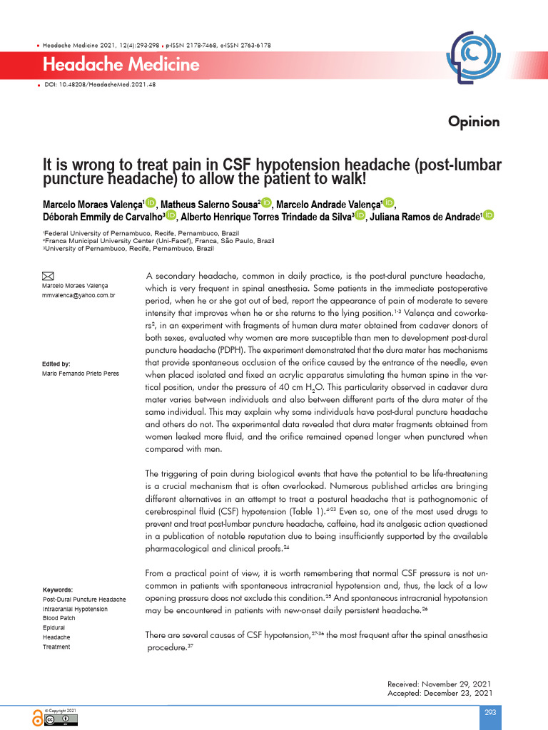 Headache Medicine - It Is Wrong To Treat Pain in CSF Hypotension ...