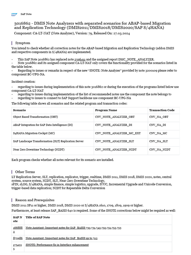 DMIS Note Analyzers With Separated Scenarios For ABAP-based Migration and Replication Technology ...