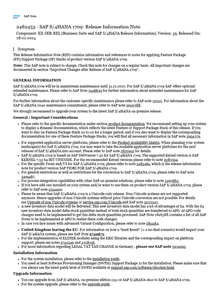 SAP S/4HANA 1709: Release Information Note: Symptom | PDF | Computer Engineering | Systems ...
