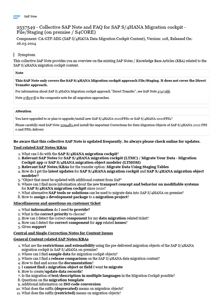 Collective SAP Note and FAQ For SAP S/4HANA Migration Cockpit - File/Staging (On Premise ...