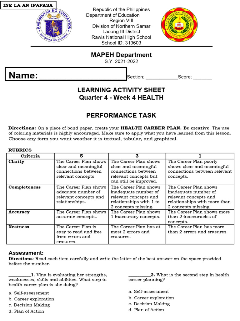 Q4 Health W4 Answer Sheet | PDF | Learning | Behavior Modification