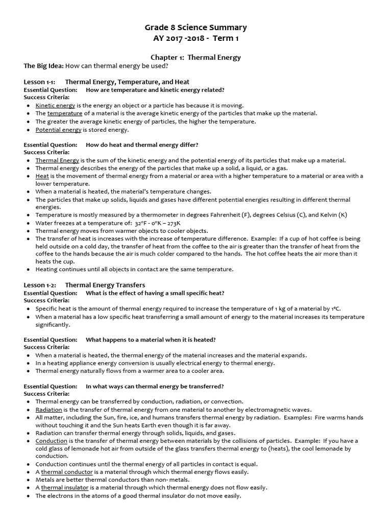 Grade 8 Science: Thermal Energy Basics | PDF | Temperature | Thermal ...