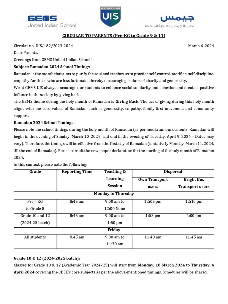 Ramadan 2024 School Timings | PDF | Ramadan