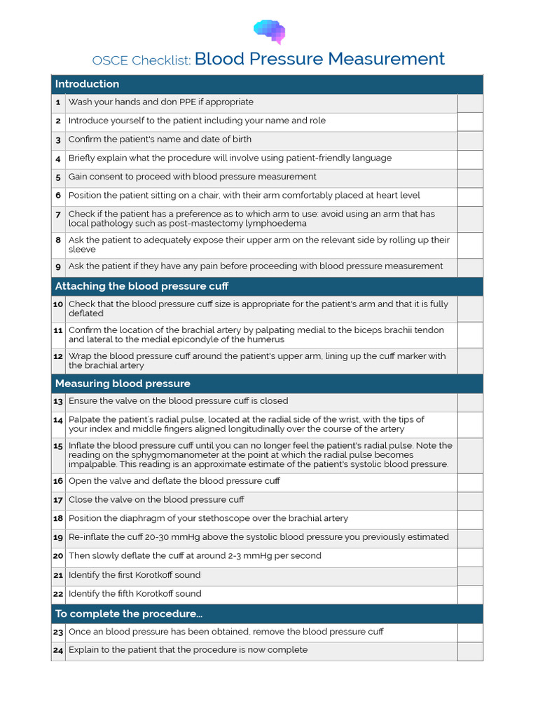 OSCE Checklist Blood Pressure Measurement | Download Free PDF | Blood ... OSCE Checklist Blood Pressure Measurement | Download Free PDF | Blood ...