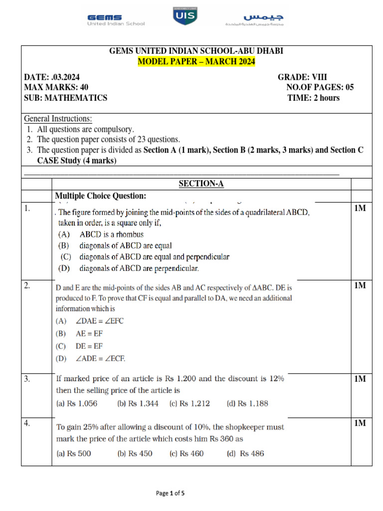 Grade VIII Math Model Paper 2024 | PDF