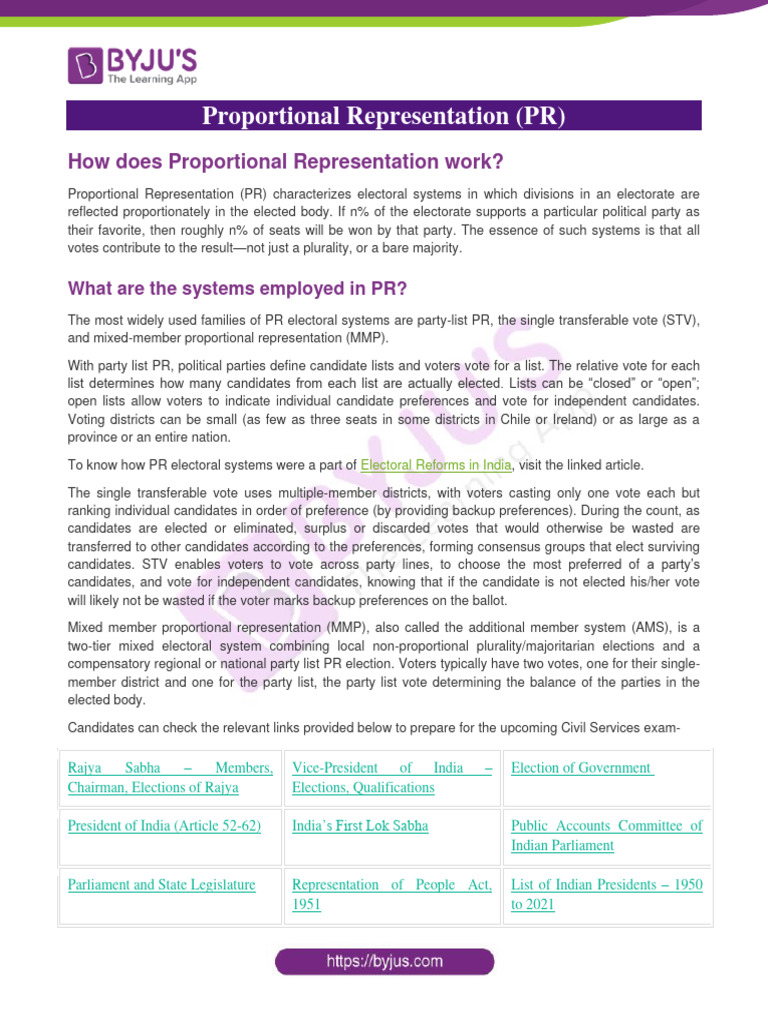 Proportional Representation in India Explained | PDF | Voting | Elections