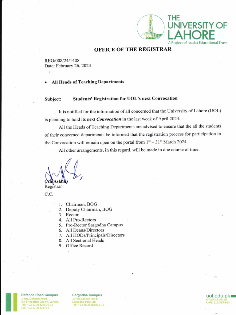 Students Registration For UOLs Next Convocation | PDF | Academic ...