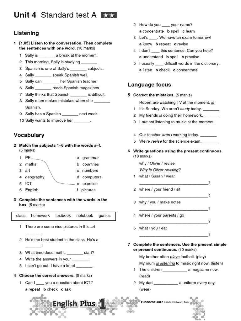 unit_4_standard_test_a | PDF | English Language | Vocabulary