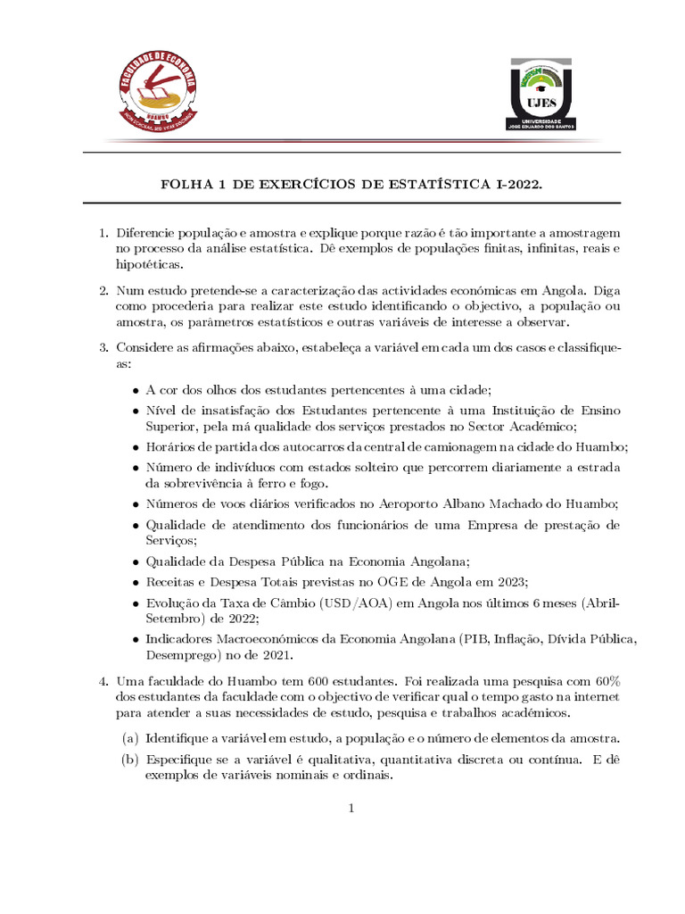 Hoja 1- EstatÃ_stica I_2022 | PDF