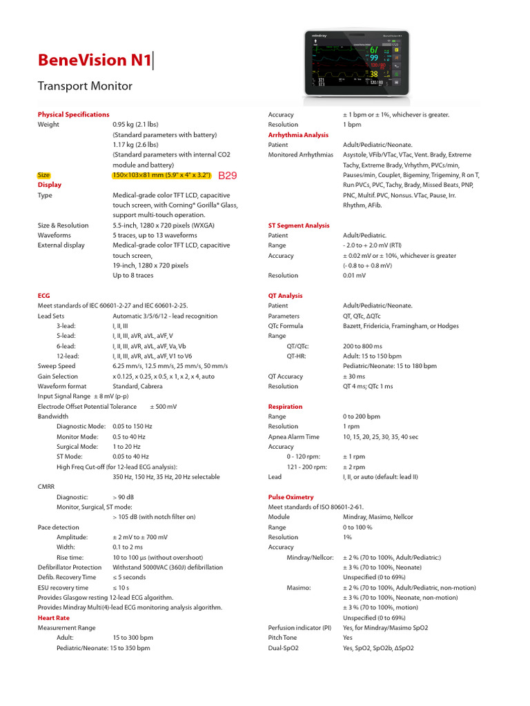 BeneVision N1 Specifications | PDF | Ieee 802.11 | Blood Pressure
