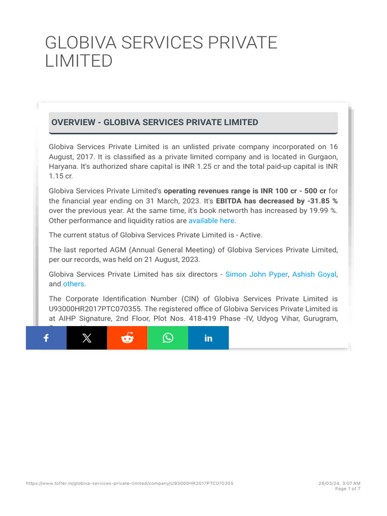 Globiva Services Private Limited - Company Profile, Directors, Revenue & More | PDF ...