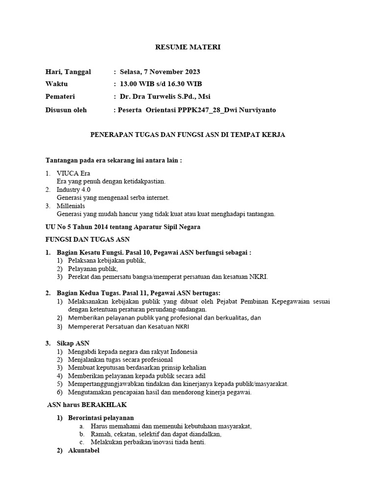Resume Penerapan Tugas Dan Fungsi Asn Di Tempat Kerja | PDF