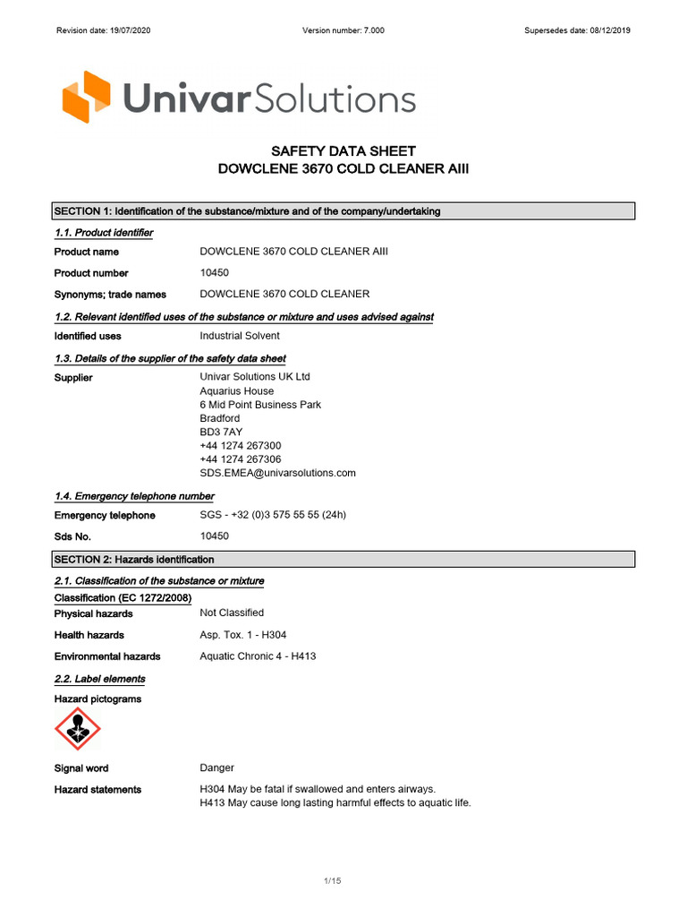 Dowclene 3670 MSDS | PDF | Toxicity | Safety