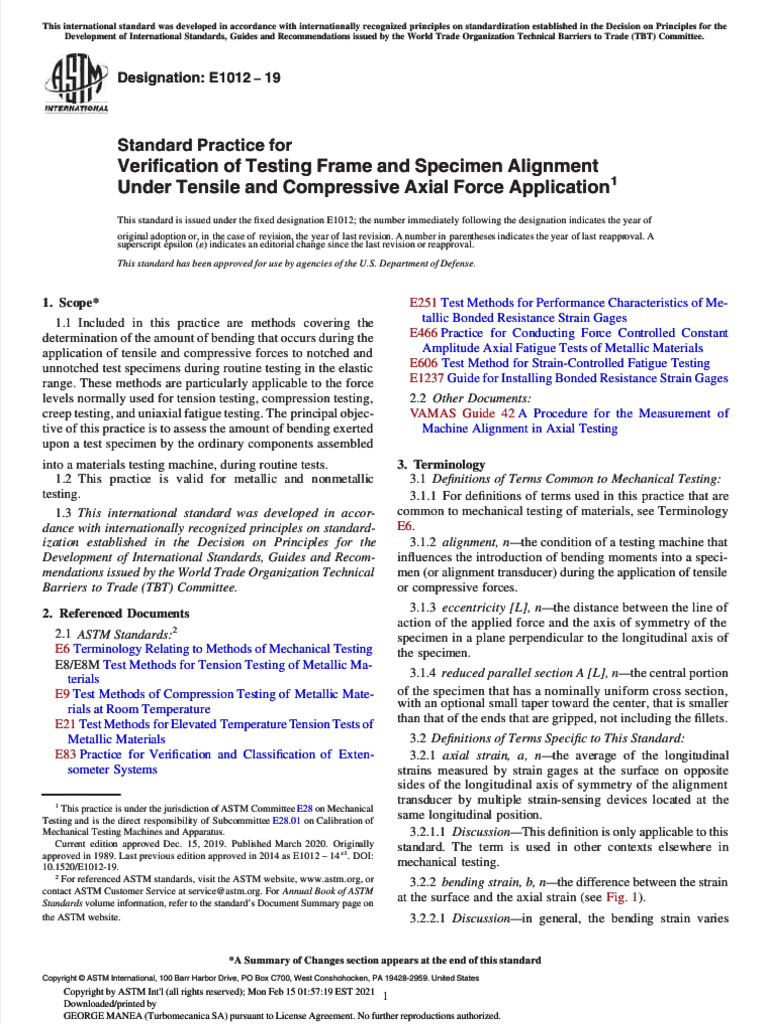 ASTM E1012-19 Verification of Testing Frame and Specimen Alignment | PDF