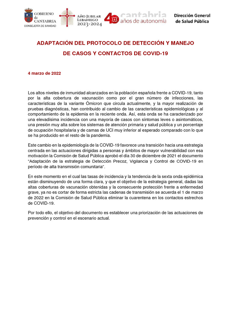 ADAPTACIÓN DEL PROTOCOLO DE DETECCIÓN Y MANEJO DE CASOS Y CONTACTOS 04 Marzo 2022 | PDF ...