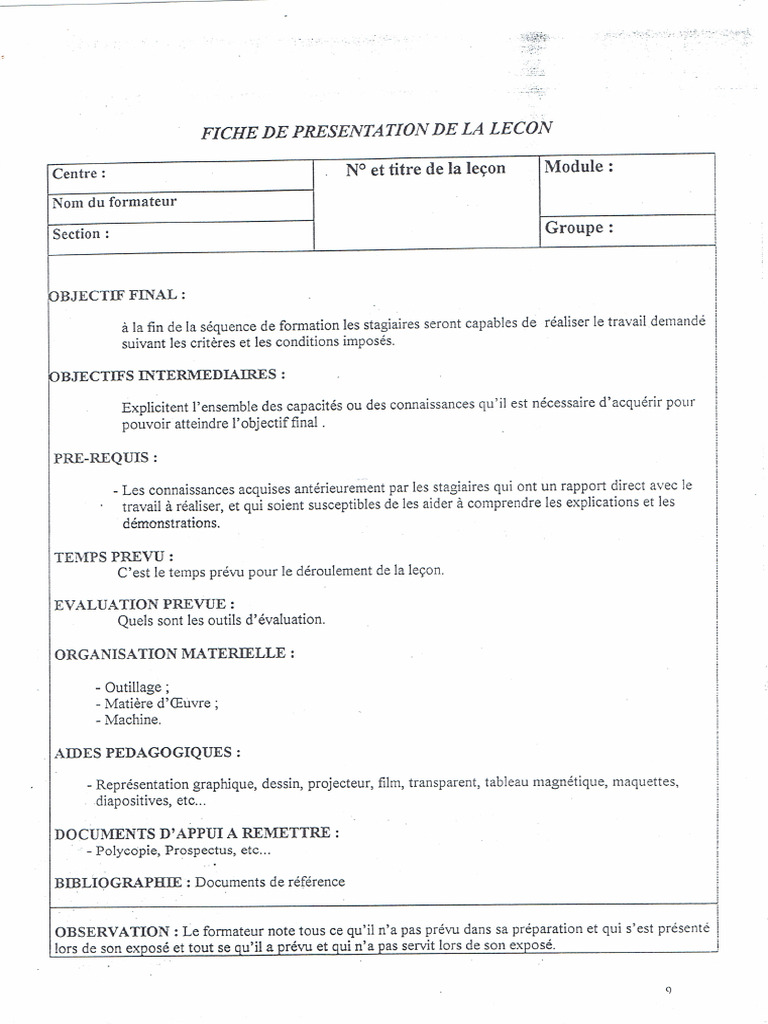 fiche de présentation de leçon | PDF