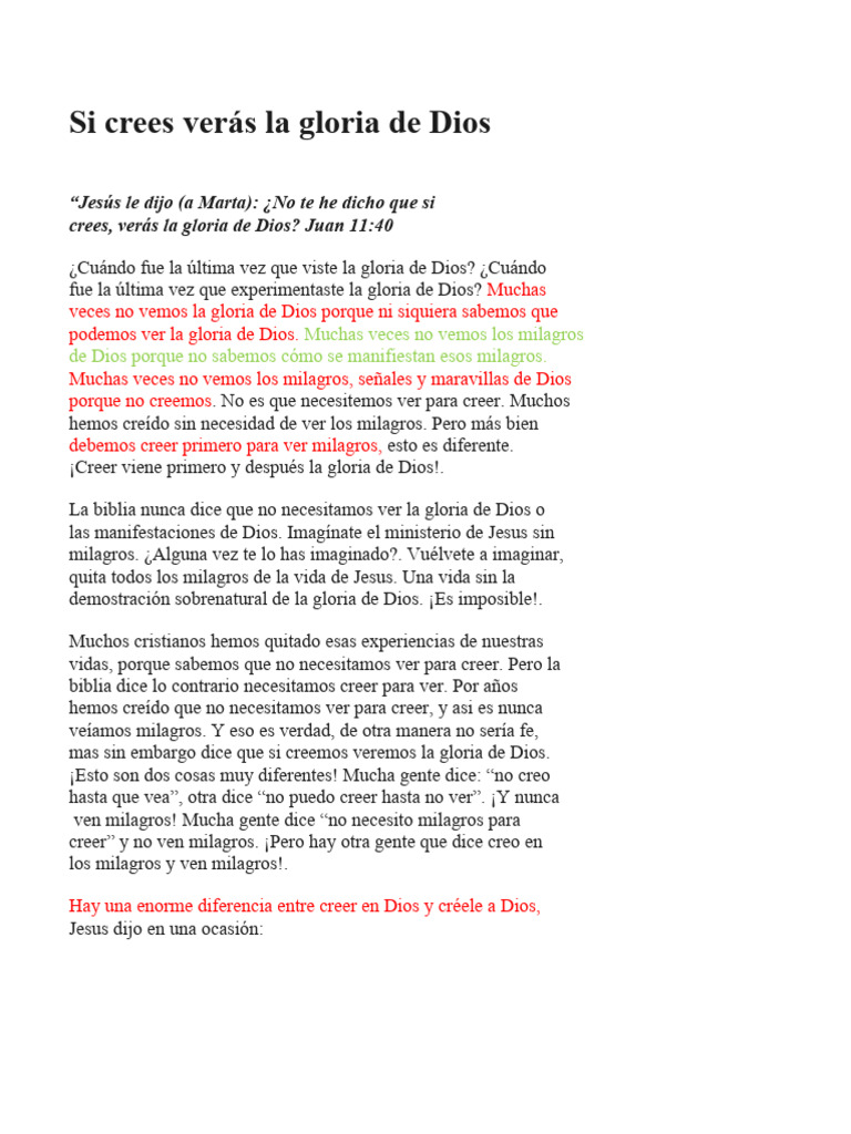 Si Crees Verás La Gloria de Dios | PDF | Milagro | Jesús
