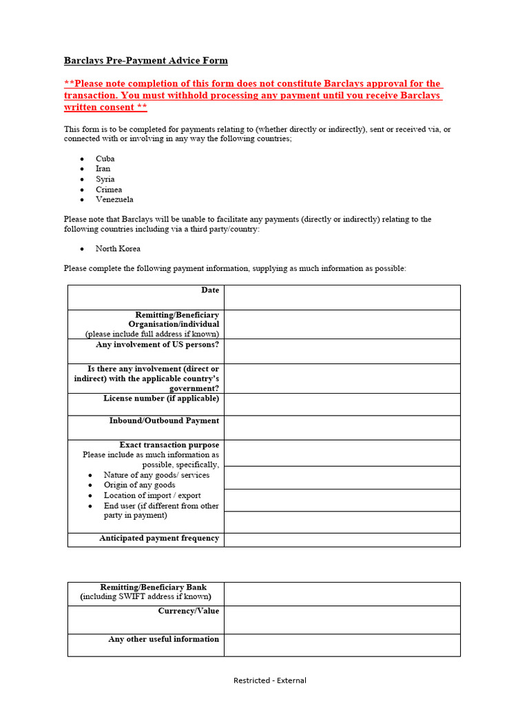 Barclays Pre Payment Advice Form | PDF