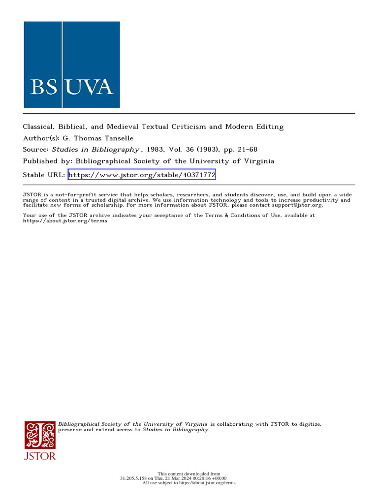 Tanselle ClassicalBiblicalMedieval 1983 | PDF | Textual Criticism ...