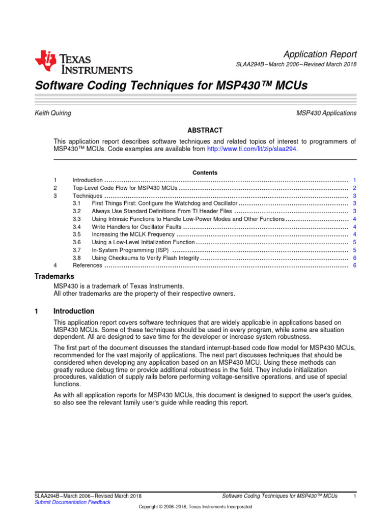 Slaa294b Software Coding Techniques For MSP430 MCUs | PDF | Flash Memory | Microcontroller